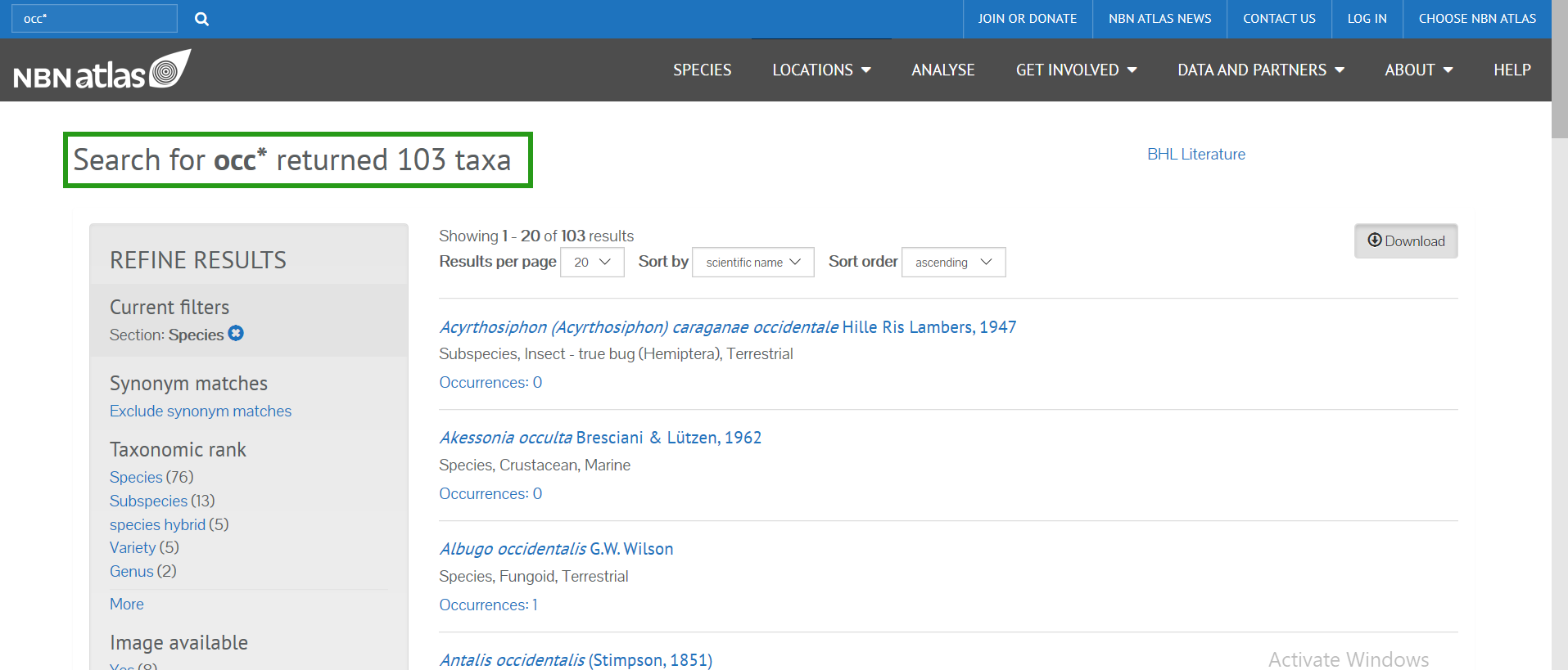 How to use the species search - NBN Documentation