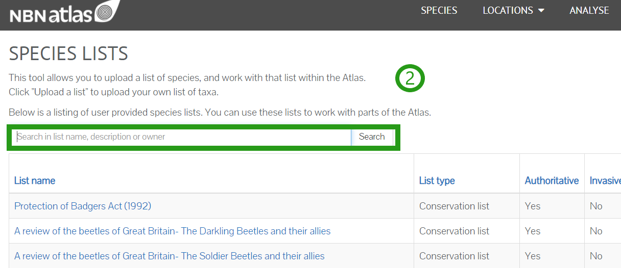 Species lists - NBN Documentation